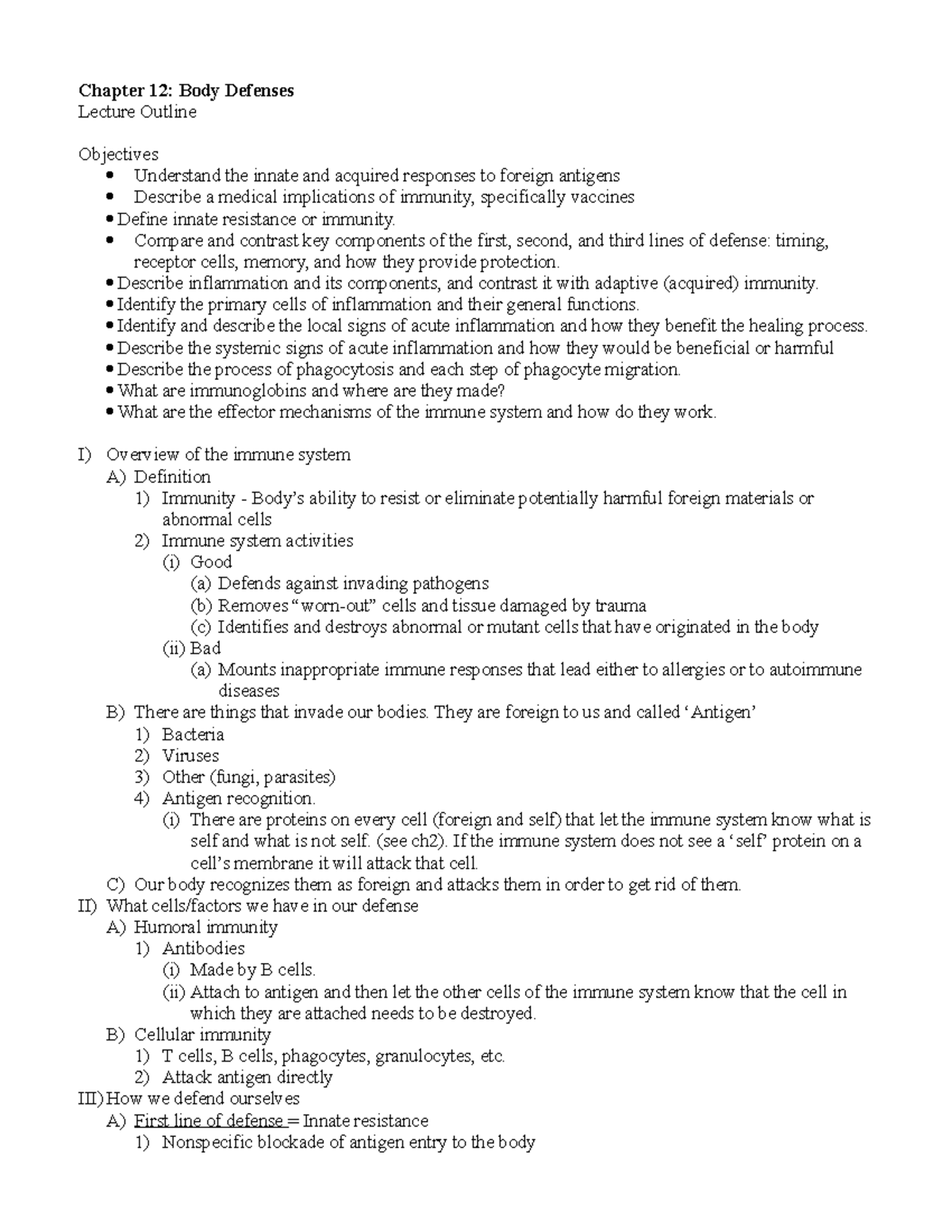 M Chap 12 outline - Chapter 12: Body Defenses Lecture Outline Objectives Understand the innate ...