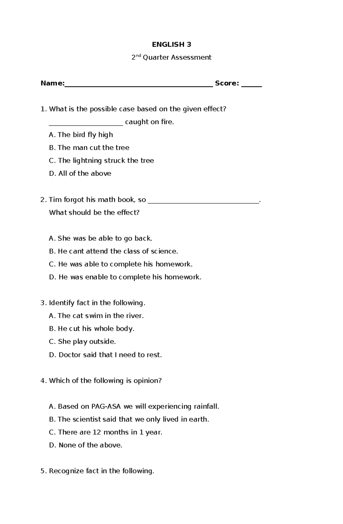 English 3 quarterly - Copy - ENGLISH 3 2 nd Quarter Assessment - Studocu