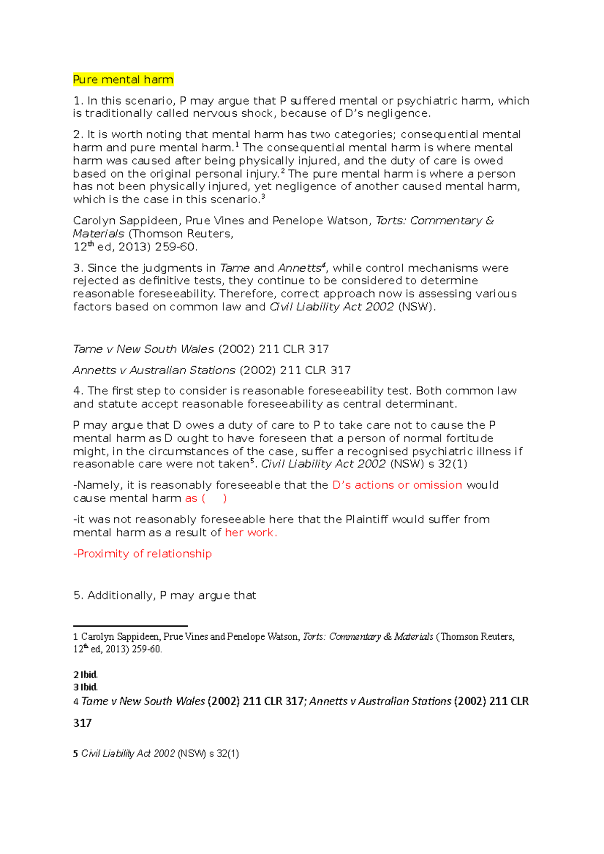 Pure Mental Harm S - Torts hypothetical problem solving exam ...