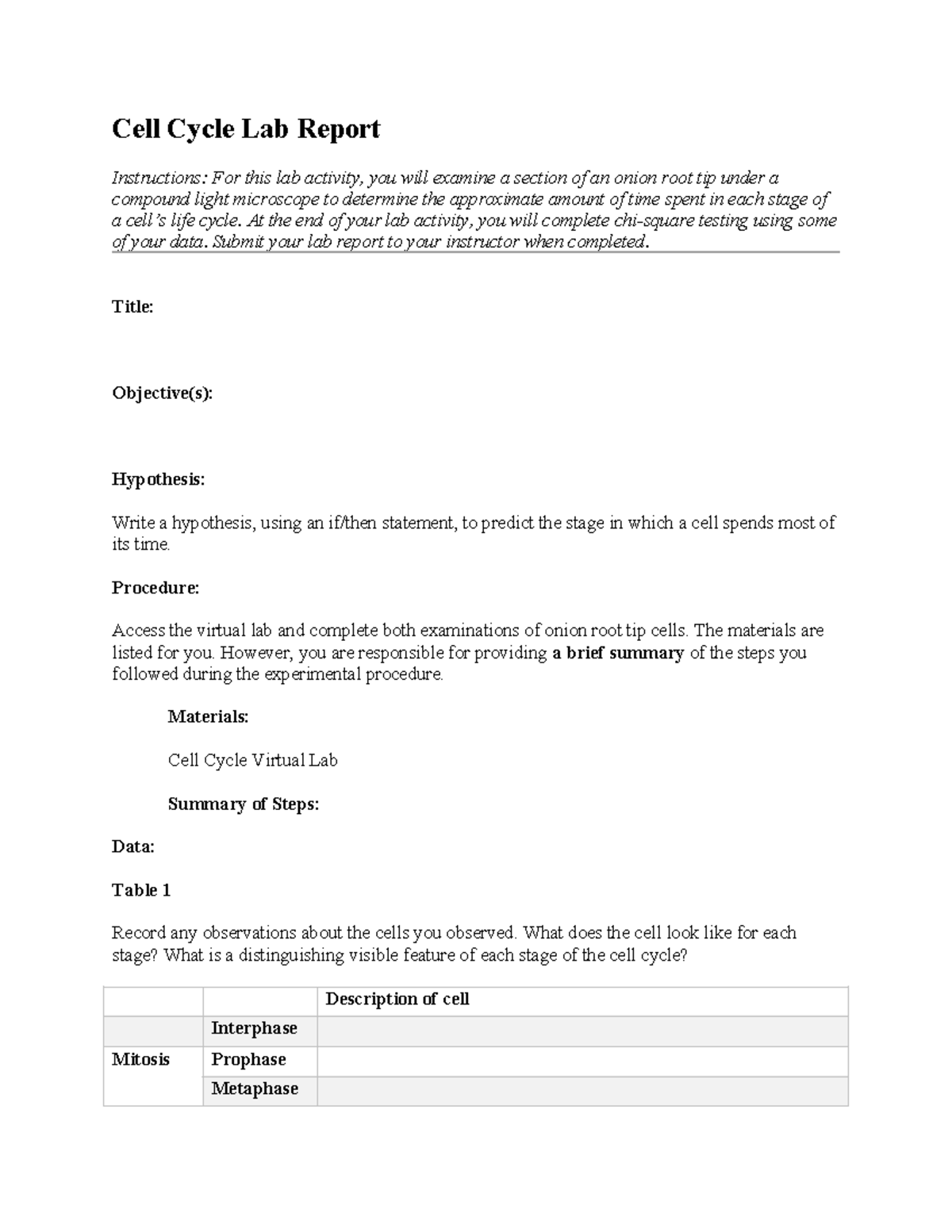 04 05 cell cycle lab report - Cell Cycle Lab Report Instructions: For ...