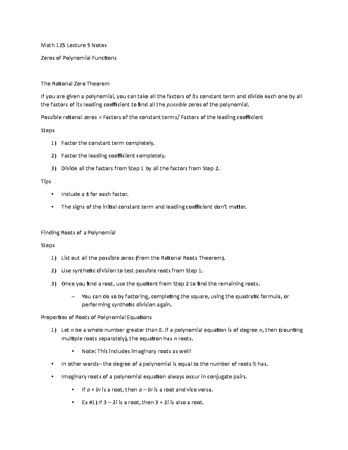 Math 125 Lecture 9 Notes Math 125 Lecture 9 Notes Zeros Of Polynomial Functions The Rational