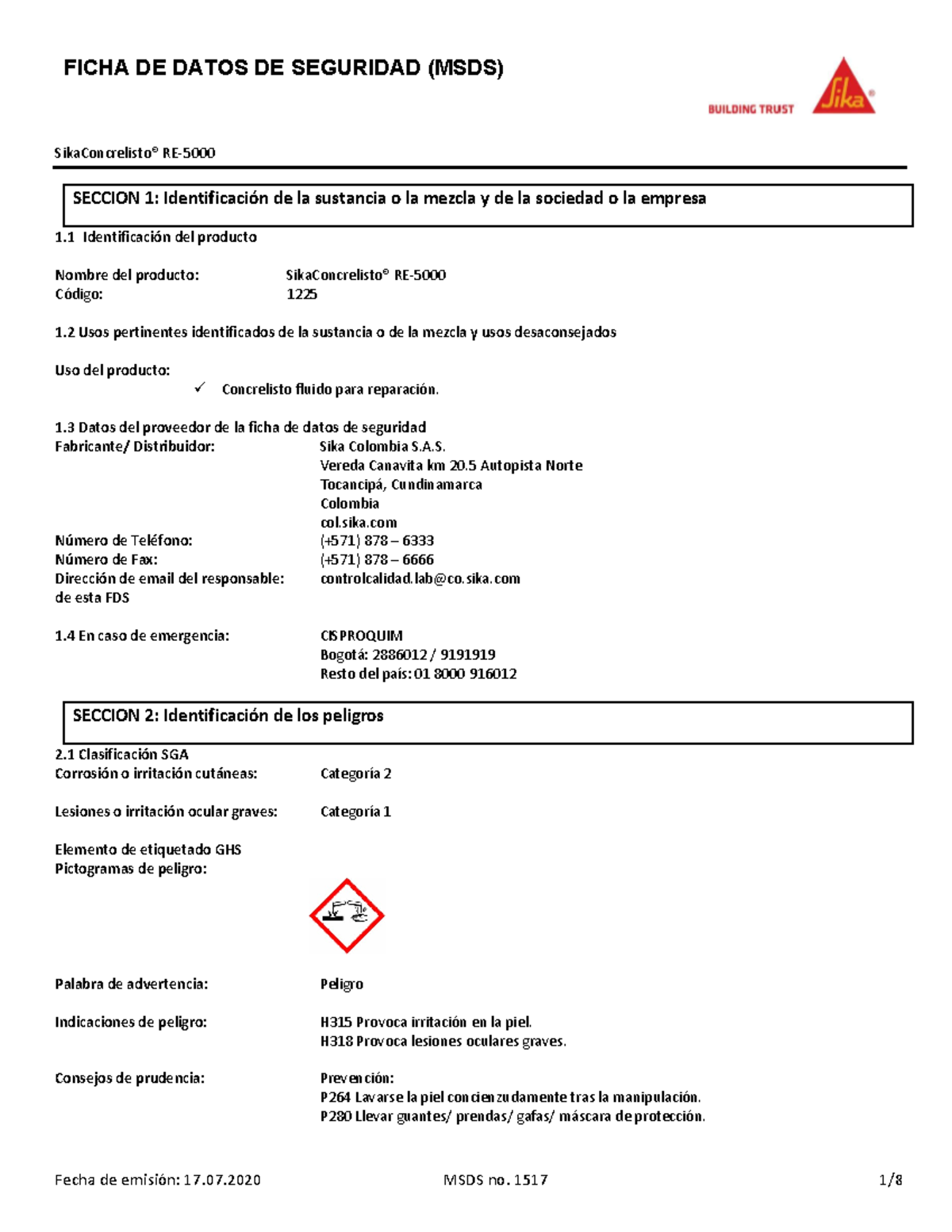 Co-hs Sika Concrelisto RE 5000 - FICHA DE DATOS DE SEGURIDAD (MSDS ...