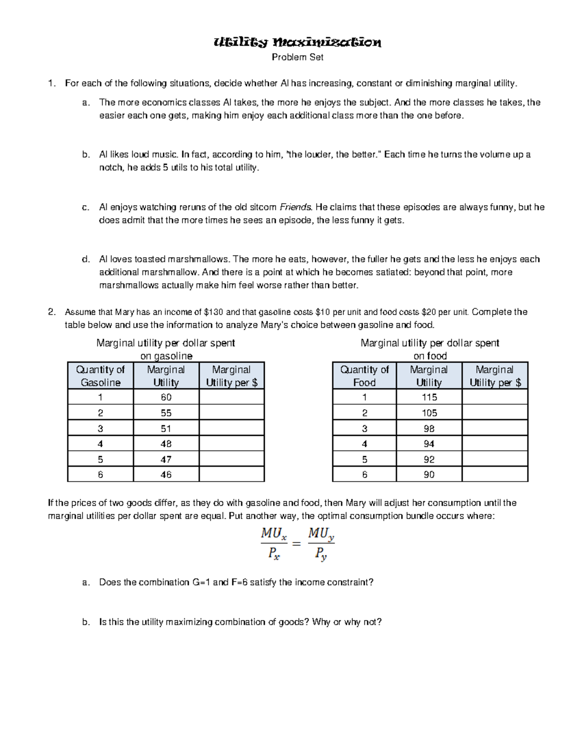 Lesson 11 Oa Utility Maximization Utility Maximization Problem Set