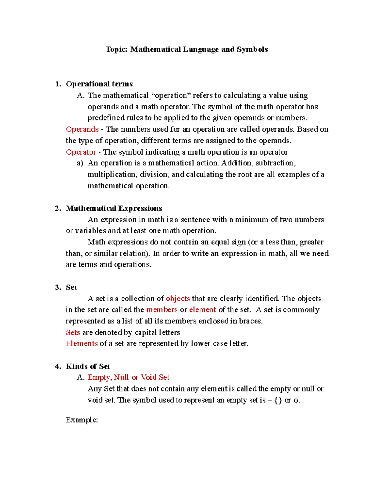 Mathematical Language and Symbols - Operational terms A mathematical ...