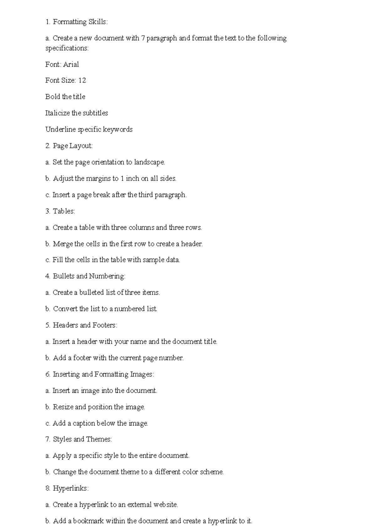 Word assessment test - NICE - Formatting Skills: a. Create a new ...