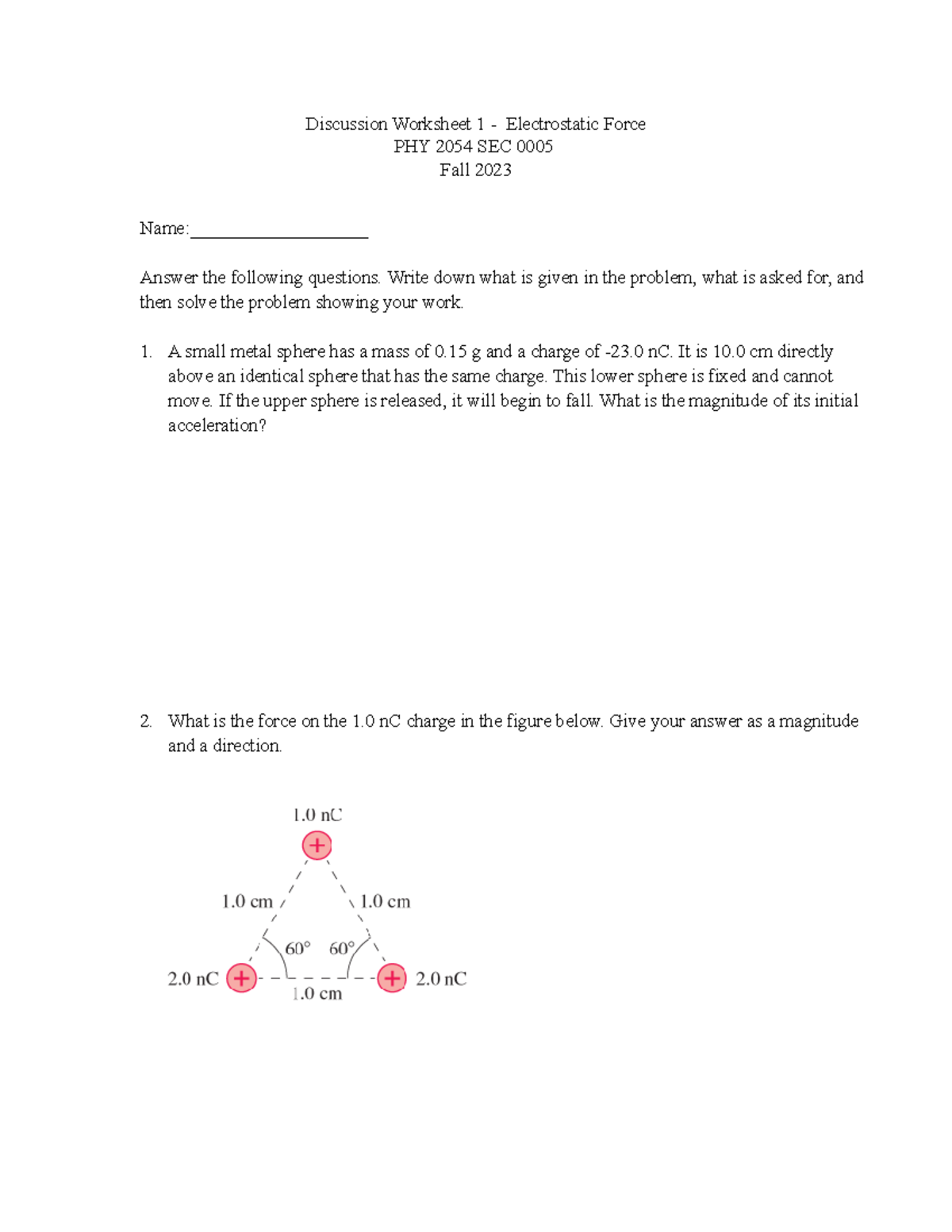 Discussion Worksheet 1 (Electrostatic Force) - Discussion Worksheet 1 ...