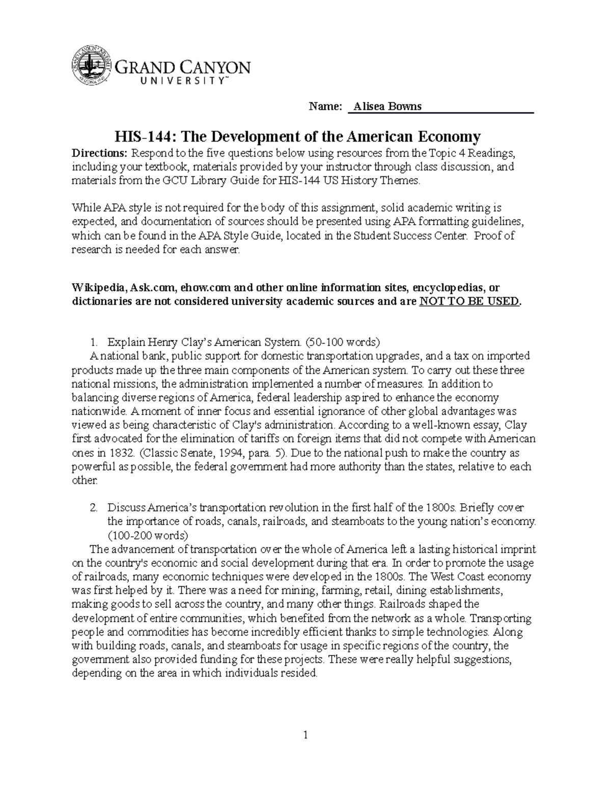 HIS-144-RS-Development of the American Economy Worksheet - Name: Alisea ...
