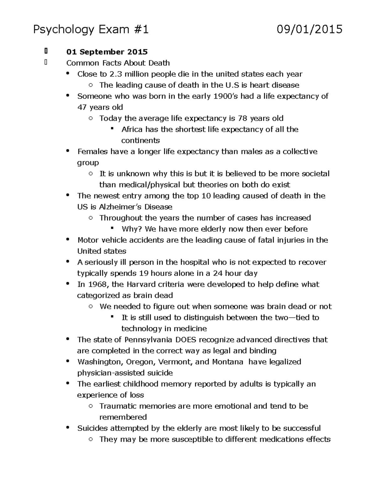 Psychology of Death and Dying Lecture Notes - Psychology Exam 01 ...