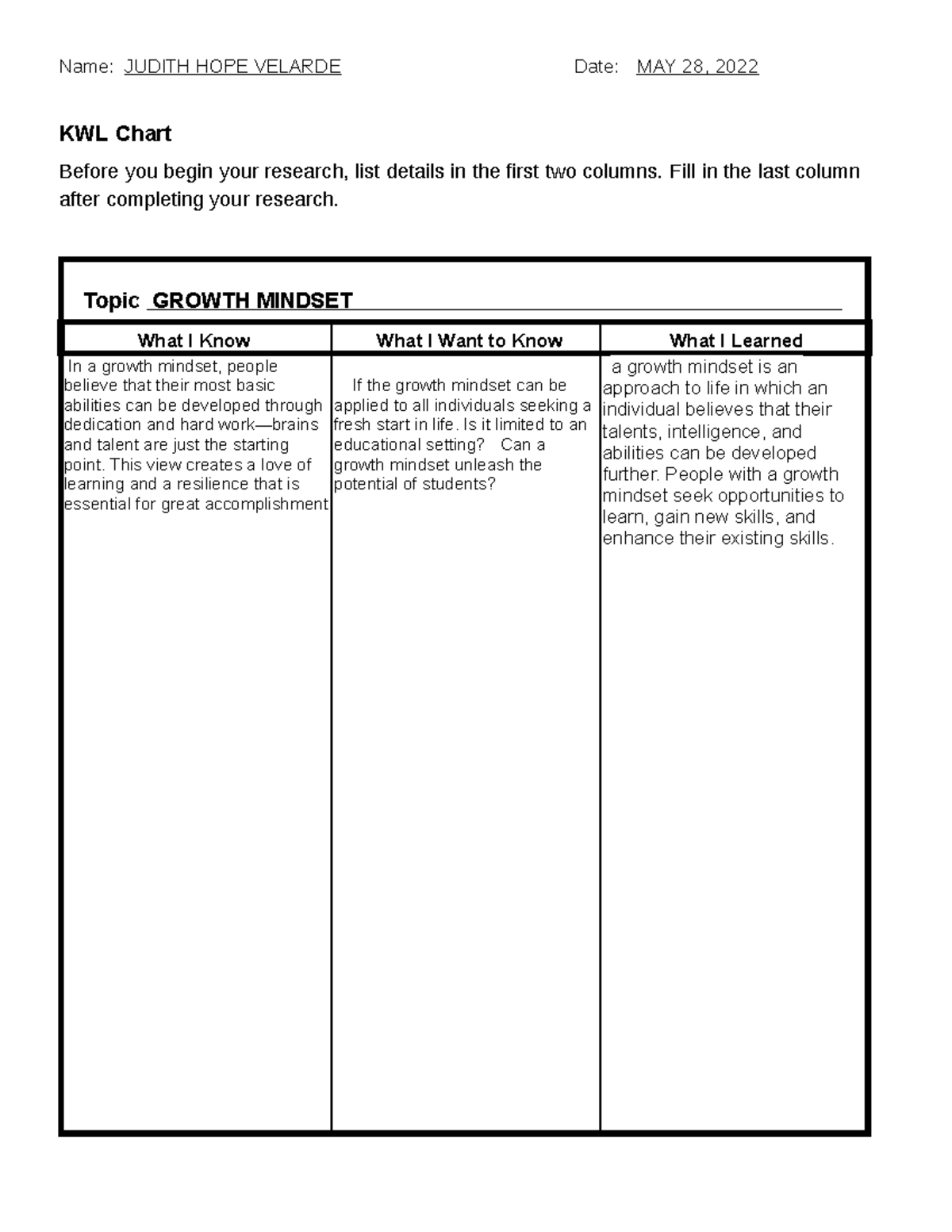 KWL Chart PDF - Practical Learning - Name: JUDITH HOPE VELARDE Date ...