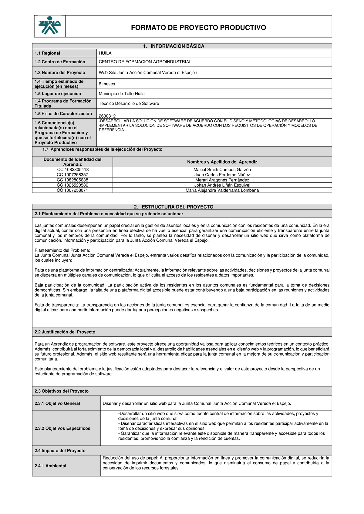 Formato Proyecto Productivo etapa práctica - FORMATO DE PROYECTO ...
