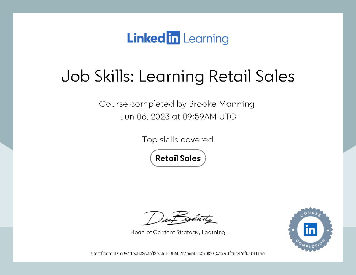 Linked In Learning Certificate 3 - Job Skills: Learning Retail Sales ...