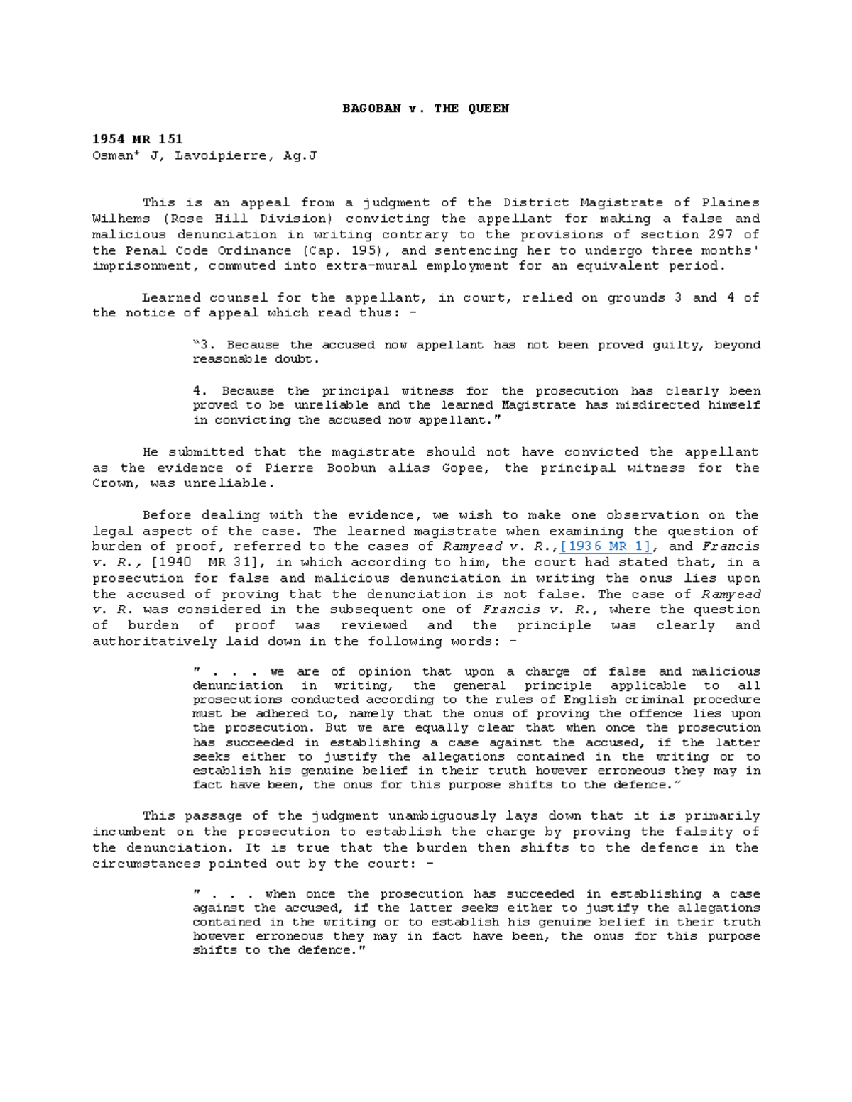 Bagoban v THE Queen 1954 MR 151 - BAGOBAN v. THE QUEEN 1954 MR 151 ...