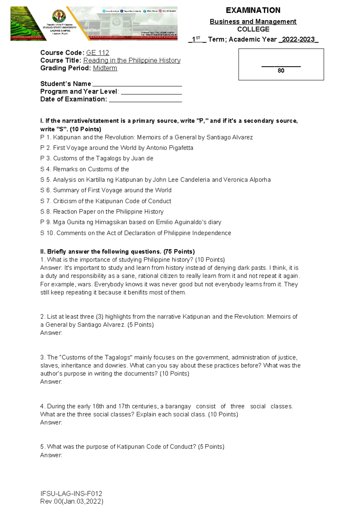 History-Midterm-Exam - EXAMINATION Business and Management COLLEGE _1ST ...