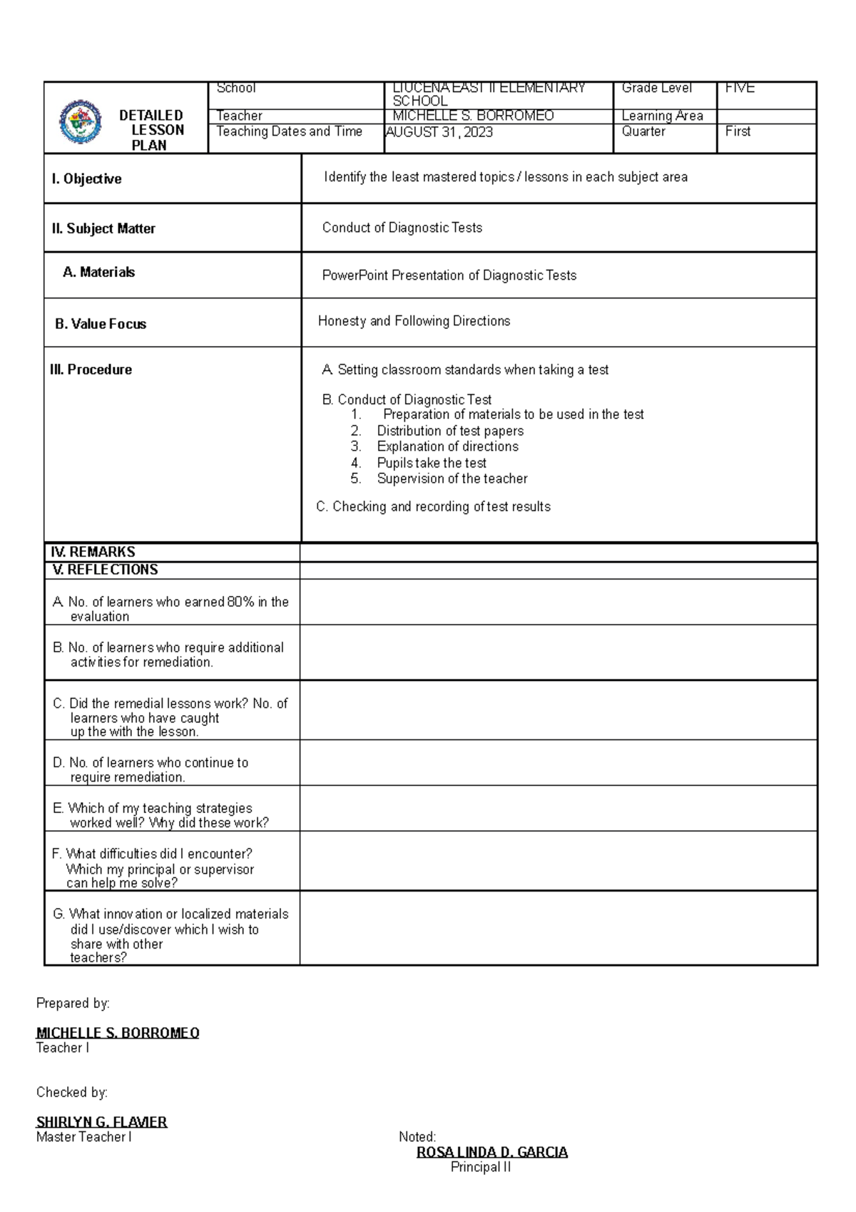 DLP-Diagnostic - detailed lesson plan - School LIUCENA EAST II ...