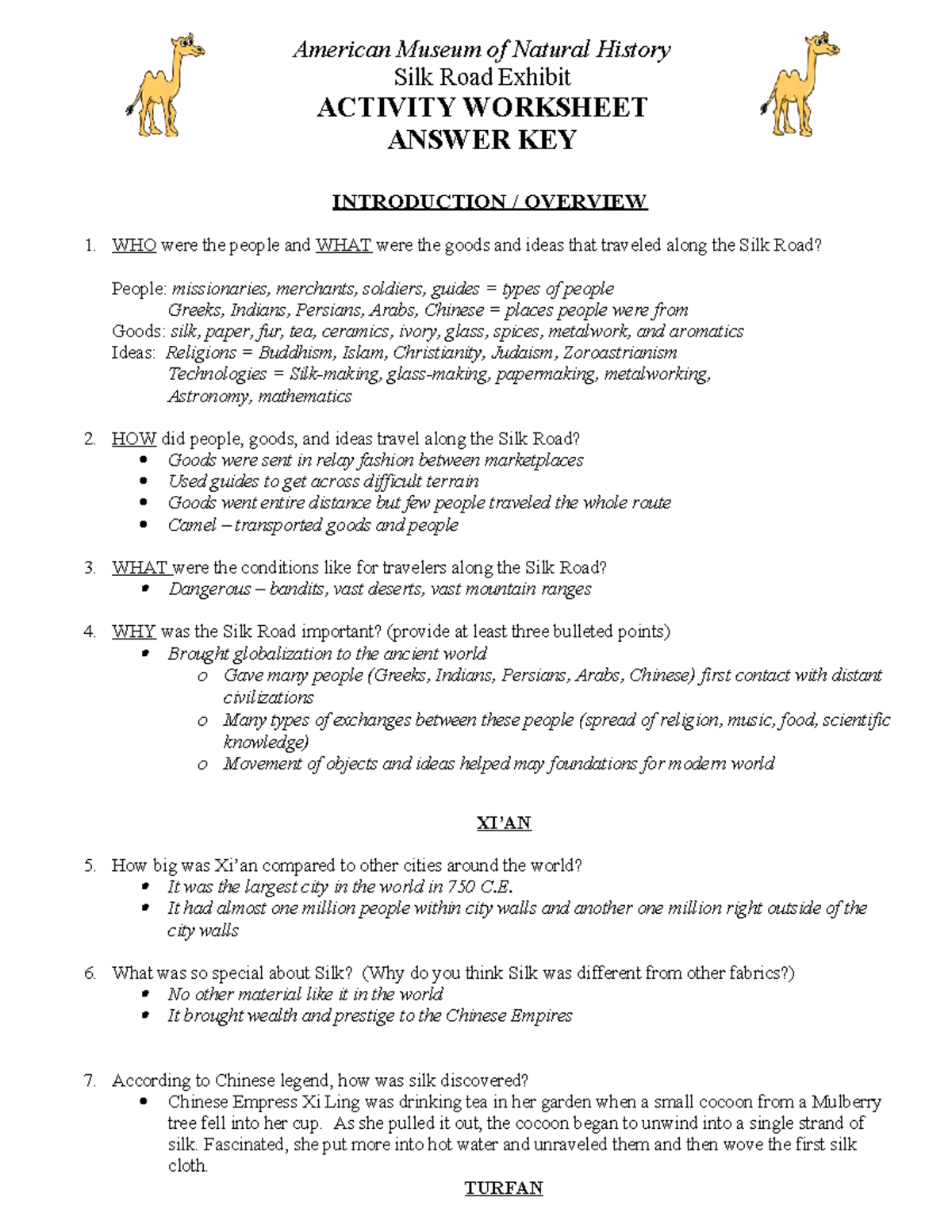 Silk Road Exhibit Activity Sheet Answer KEY - American Museum of ...