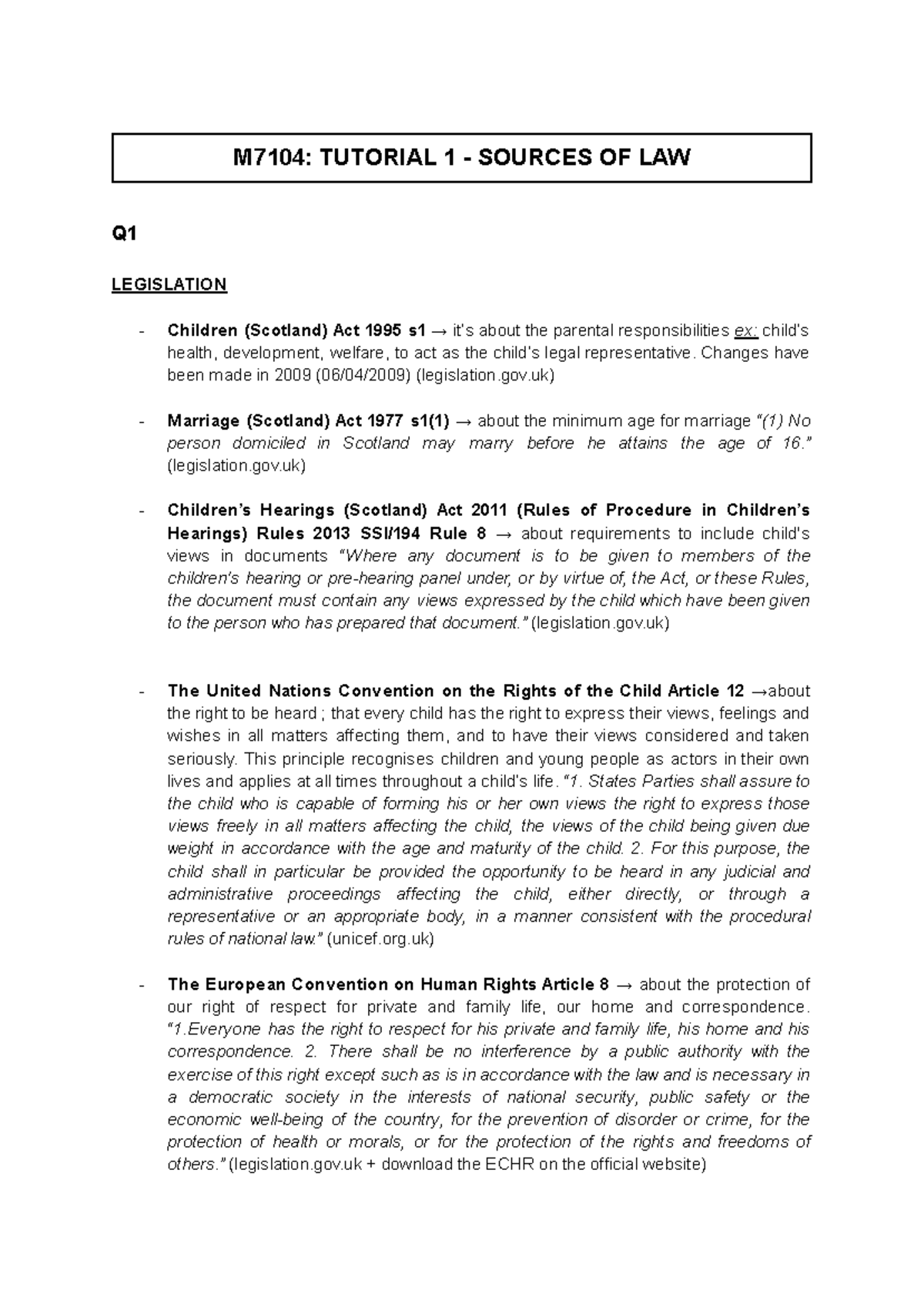 Td1 - Tutorial 1 - Q LEGISLATION Children (Scotland) Act 1995 s1 → it’s ...