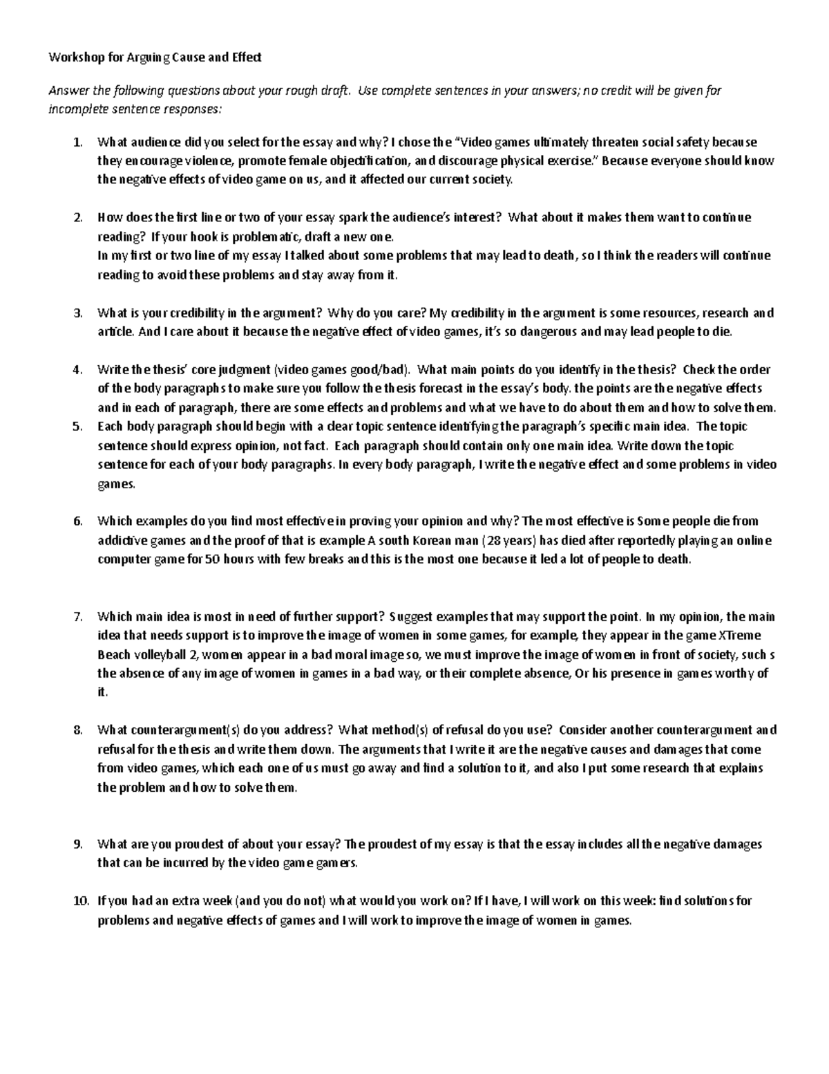 Workshop For Arguing Cause And Effect Use Complete Sentences In Your