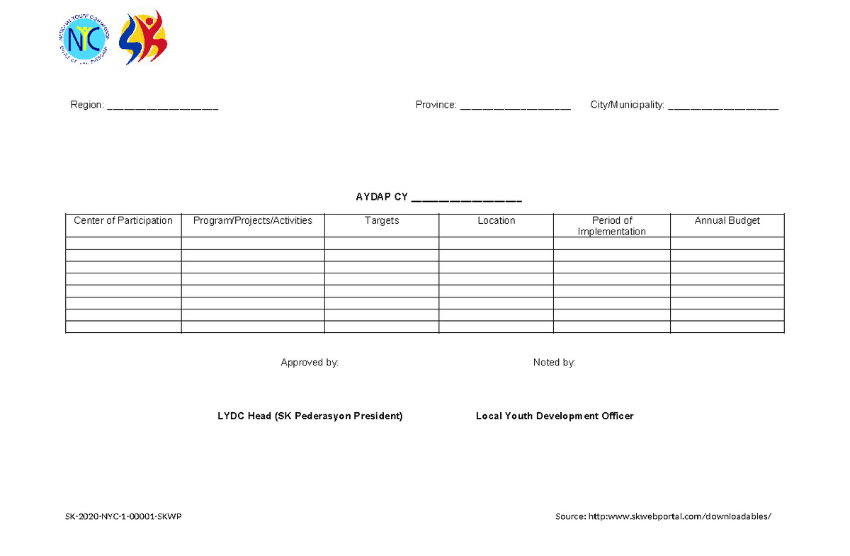 Aydap Templates (Revised) - Region: ____________________ Province