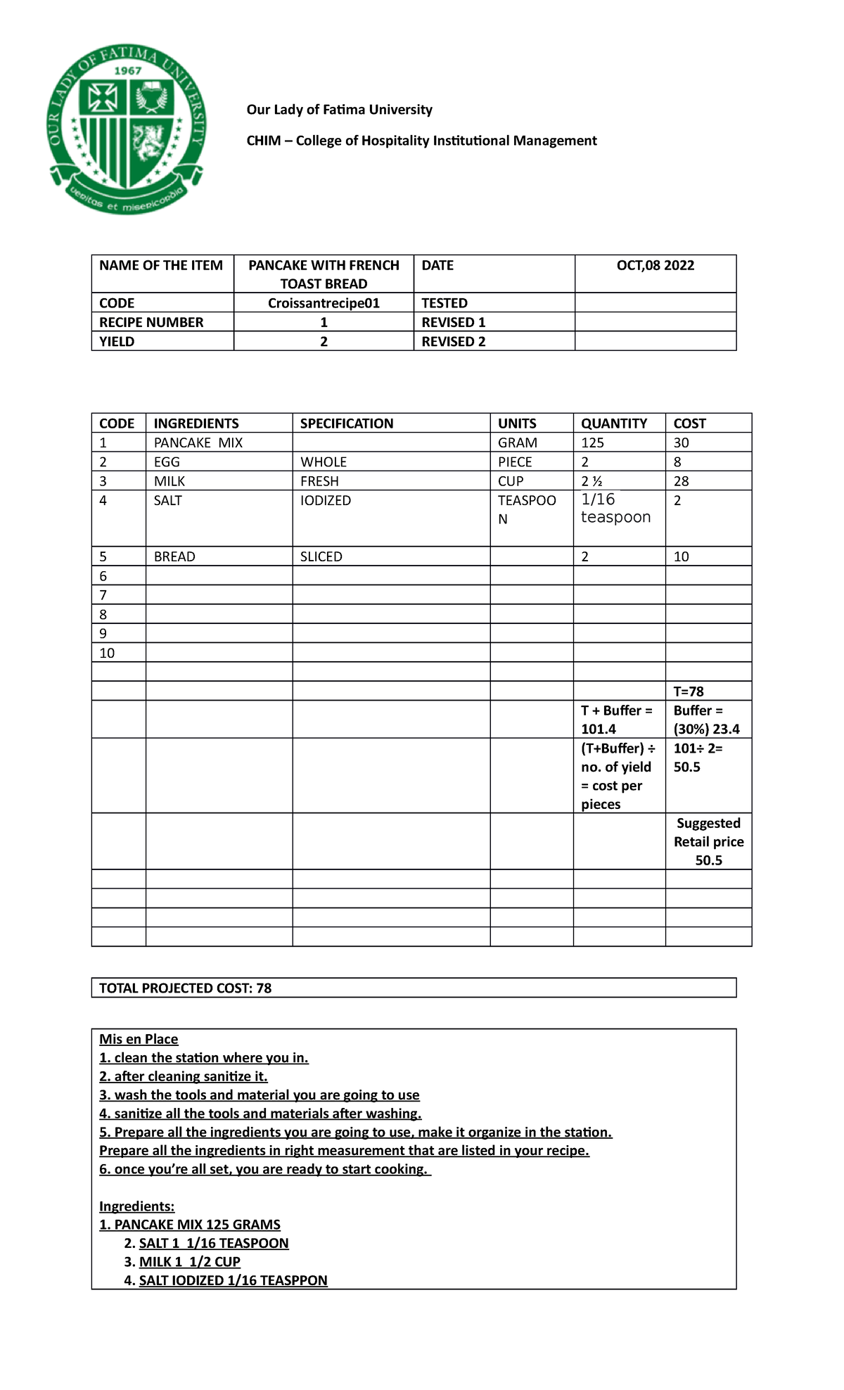 Jimboy Escalante- Costing - Our Lady of Fatima University CHIM ...