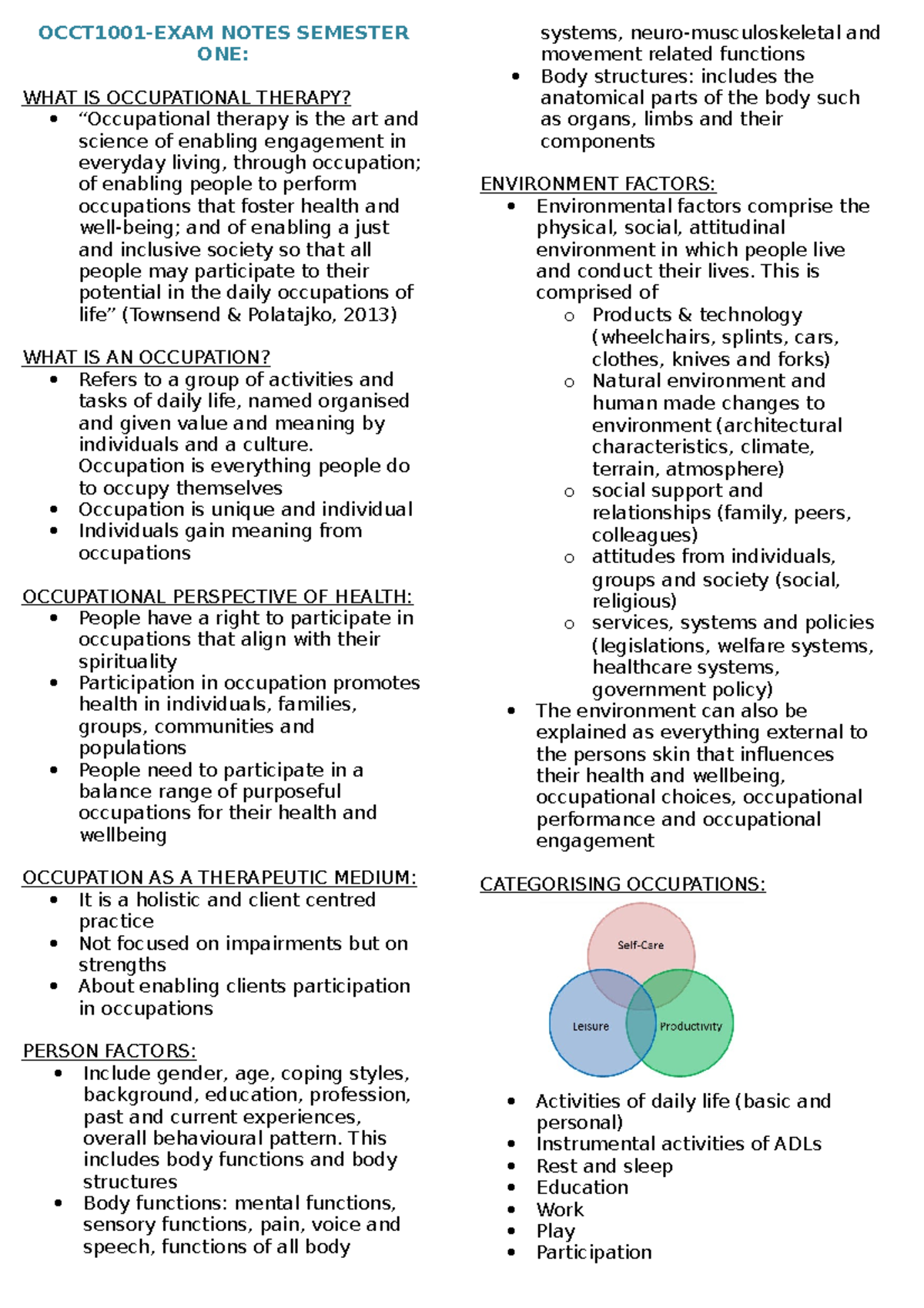EXAM Notes - NOTES SEMESTER ONE: WHAT IS OCCUPATIONAL THERAPY? therapy ...