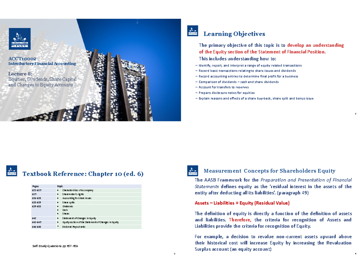 Lecture 8 Equity 4 sheets - Warning: TT: undefined function: 32 ACCT Introductory Financial ...