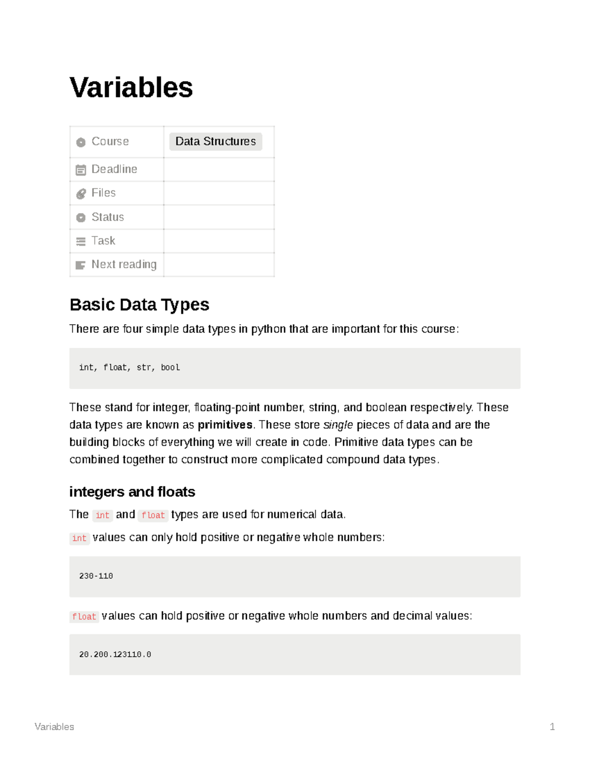 Variables - As the title says - Variables Course Data Structures Deadline Files Status Task Next ...