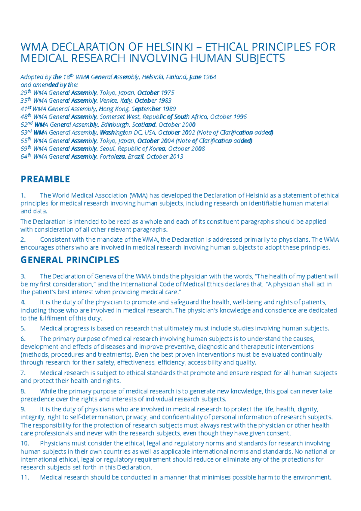 Helsinki Declaration - WMA DECLARATION OF HELSINKI – ETHICAL PRINCIPLES ...