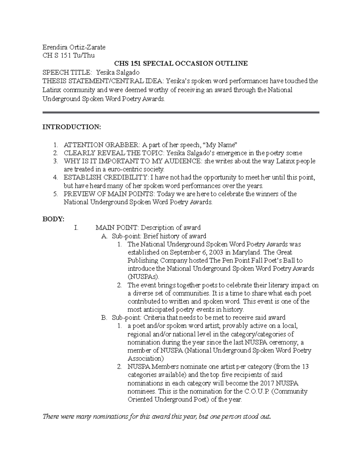 Special+Occasion++Outline+example - Erendira Ortiz-Zarate CH S 151 Tu ...