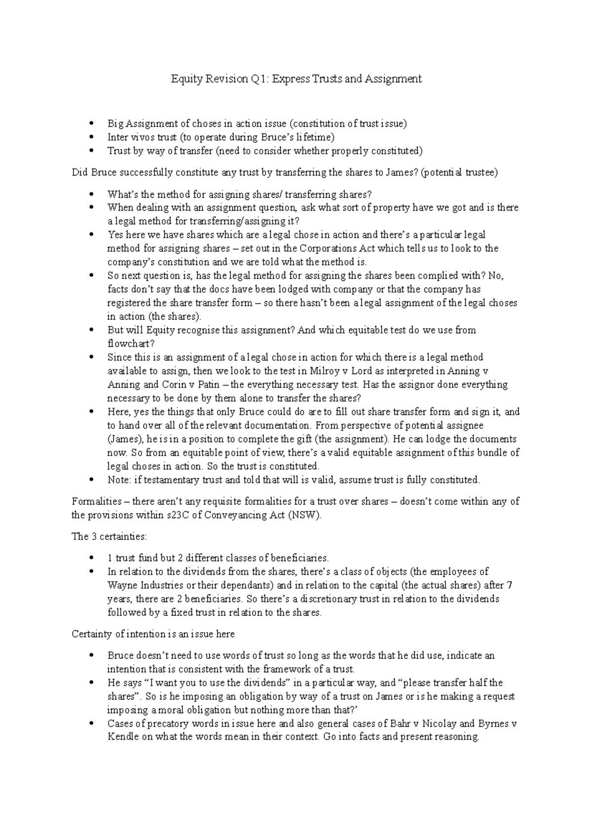 Revision Q1 - Express Trusts and Assignments - Equity Revision Q1: Express Trusts and Assignment ...