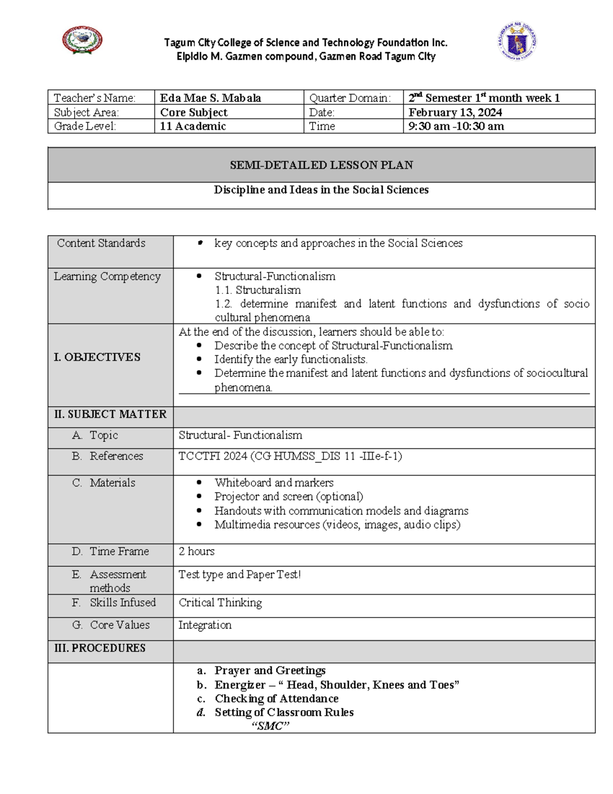 LP- 01 - lesson plan - Elpidio M. Gazmen compound, Gazmen Road Tagum ...