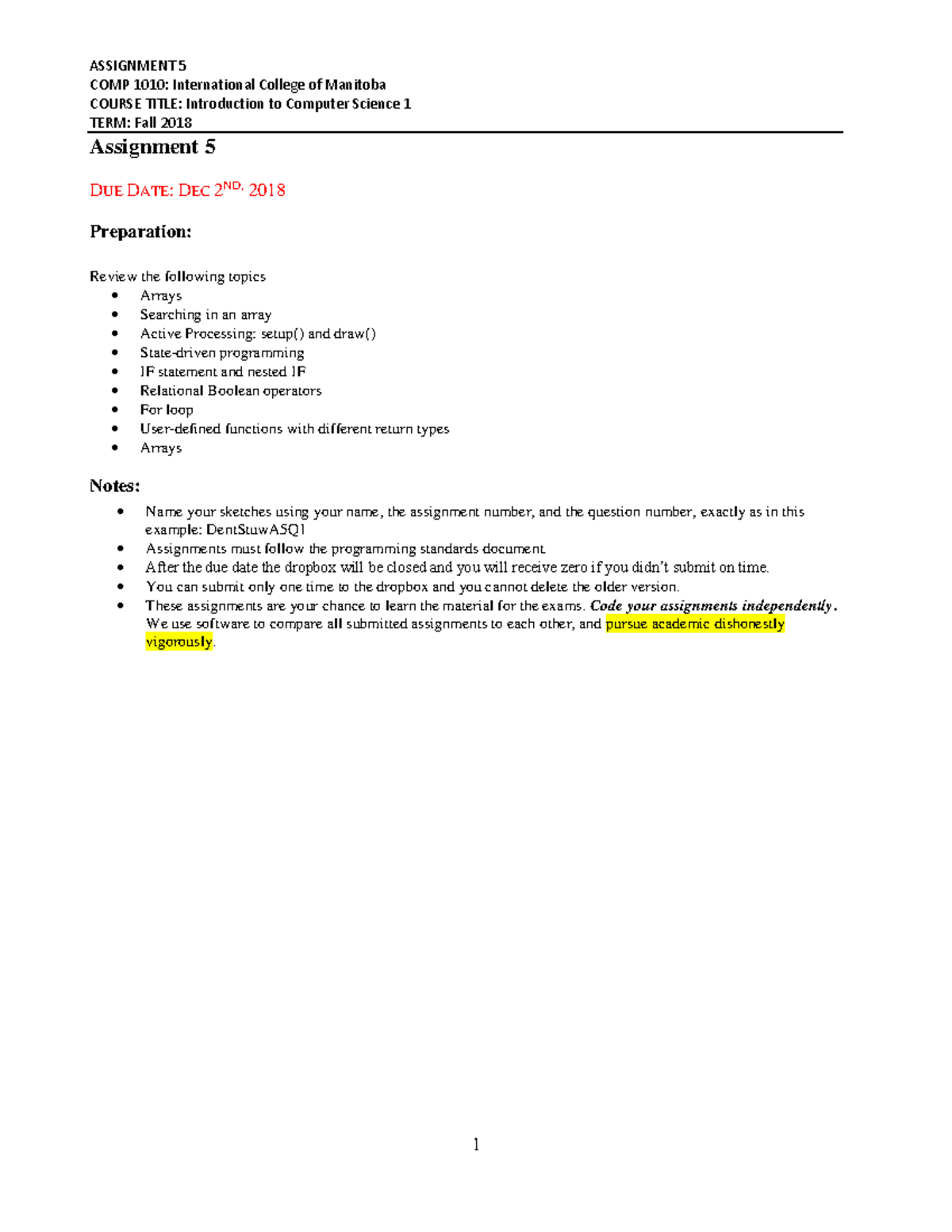 COMP1010 A5 Fall 2018 - ASSIGNMENT 5 COMP 1010: International College ...