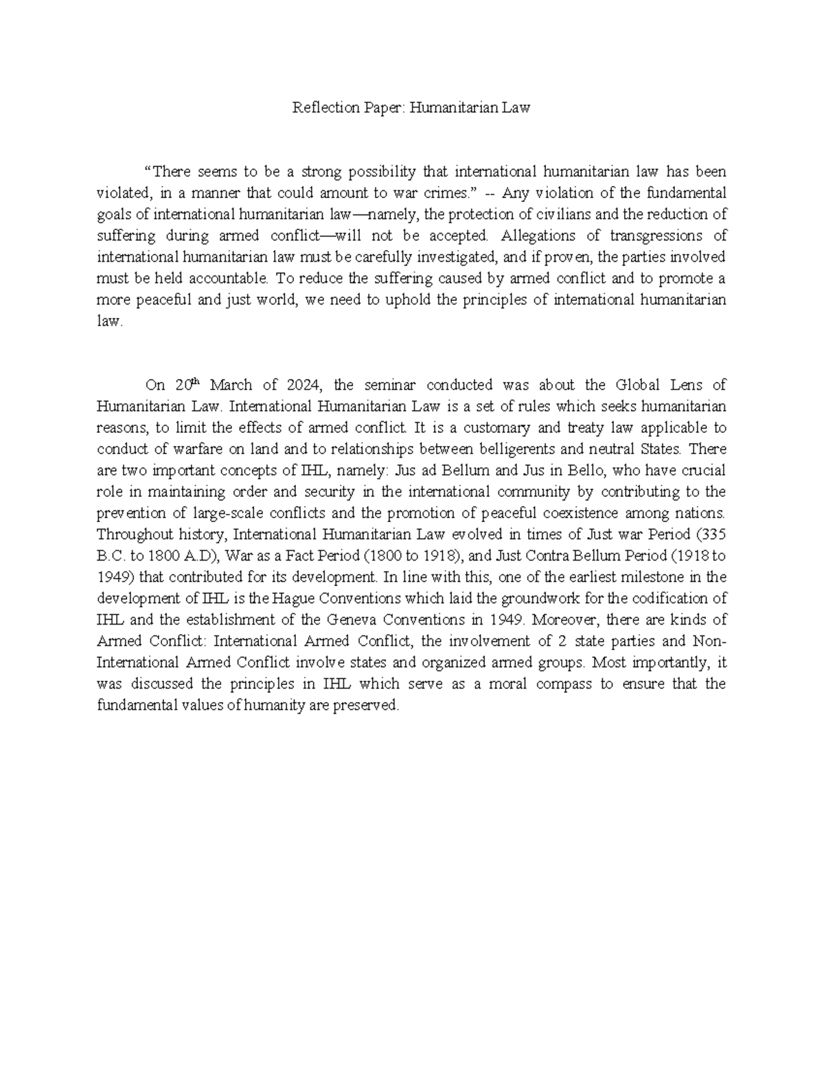 International Humanitarian Law - Reflection Paper: Humanitarian Law ...