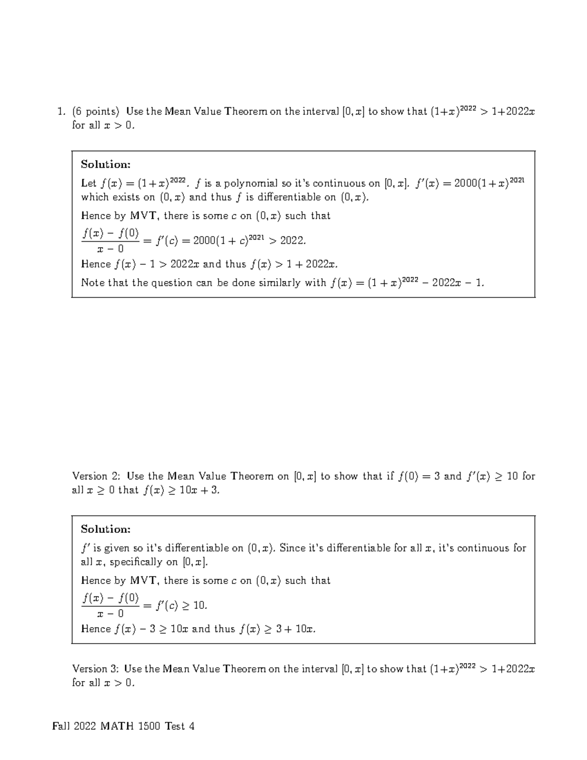 Math 1500 test sol 4 - Math test 4 - (6 points) Use the Mean Value ...