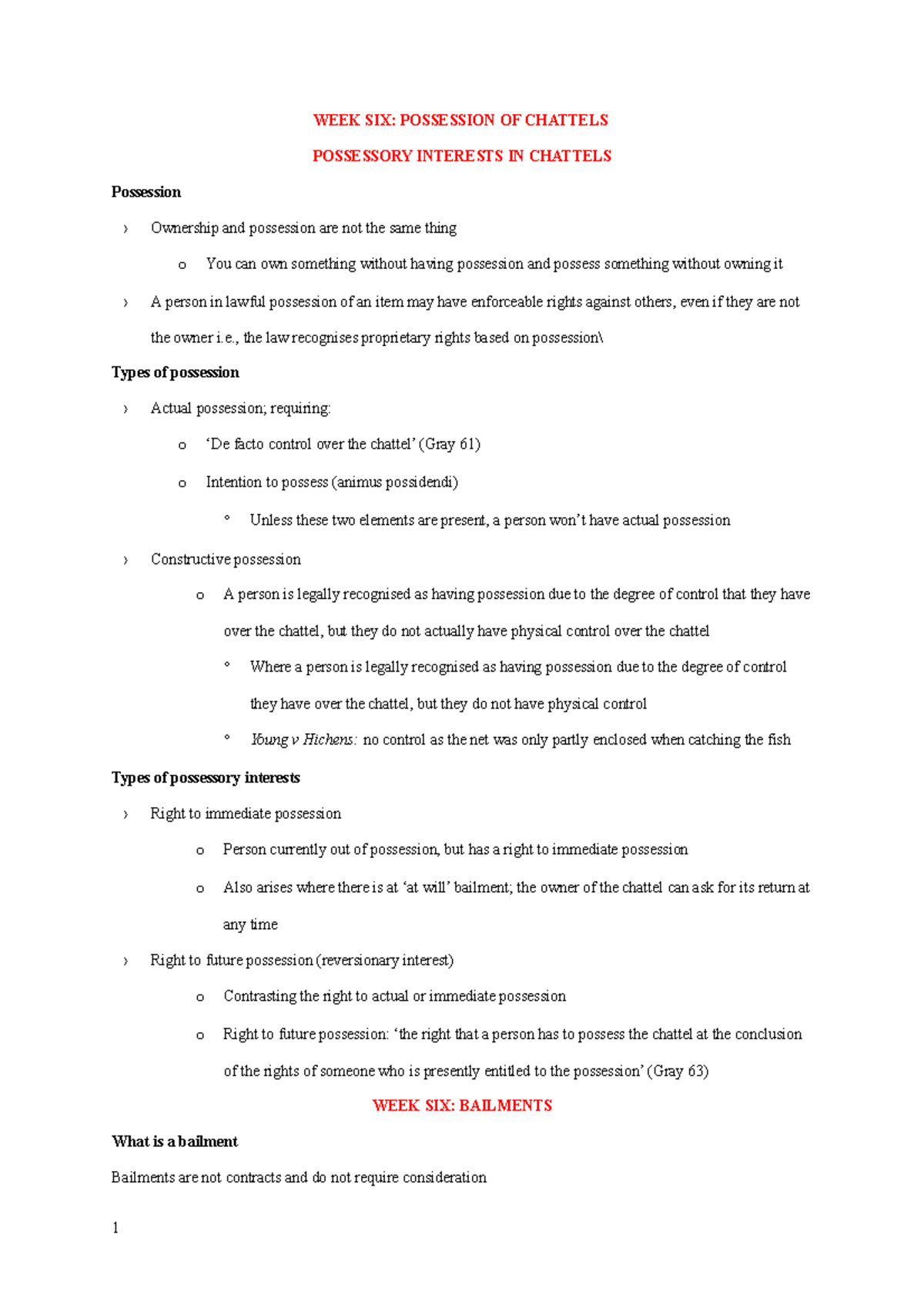 LLB2220 final notes - WEEK SIX: POSSESSION OF CHATTELS POSSESSORY ...