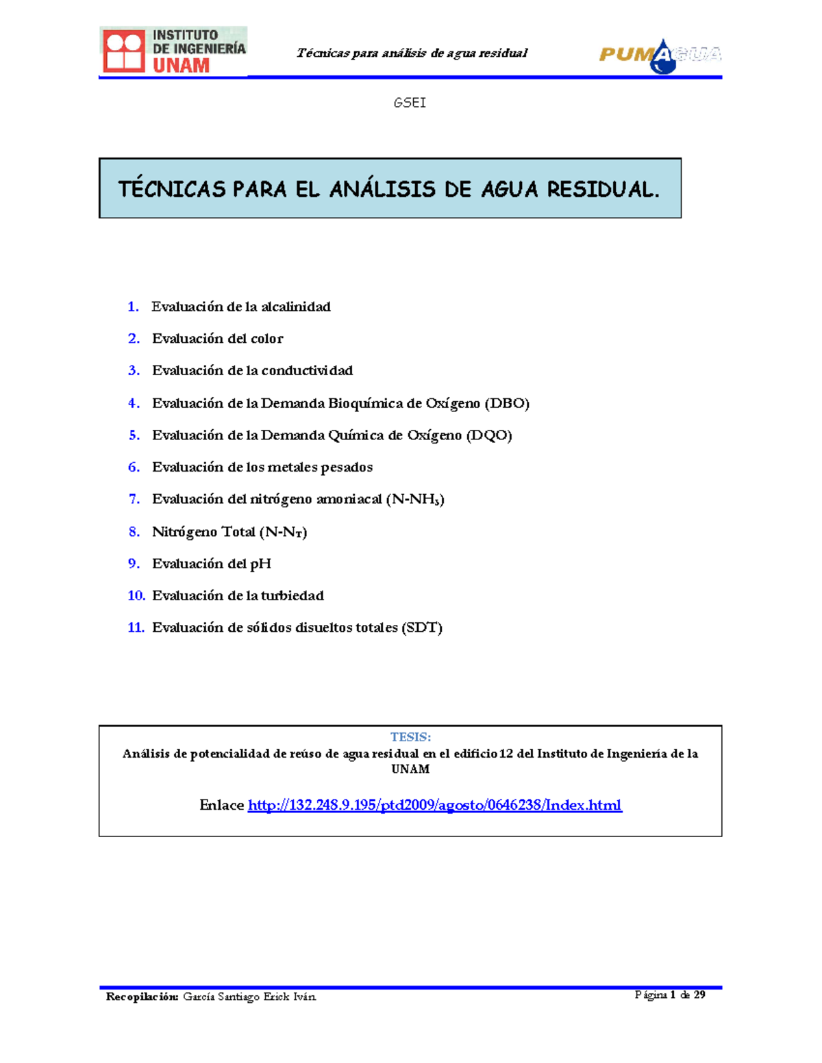 Técnicas de análisis de agua residual - GSEI TÉCNICAS PARA EL ANÁLISIS DE AGUA RESIDUAL. 1 ...