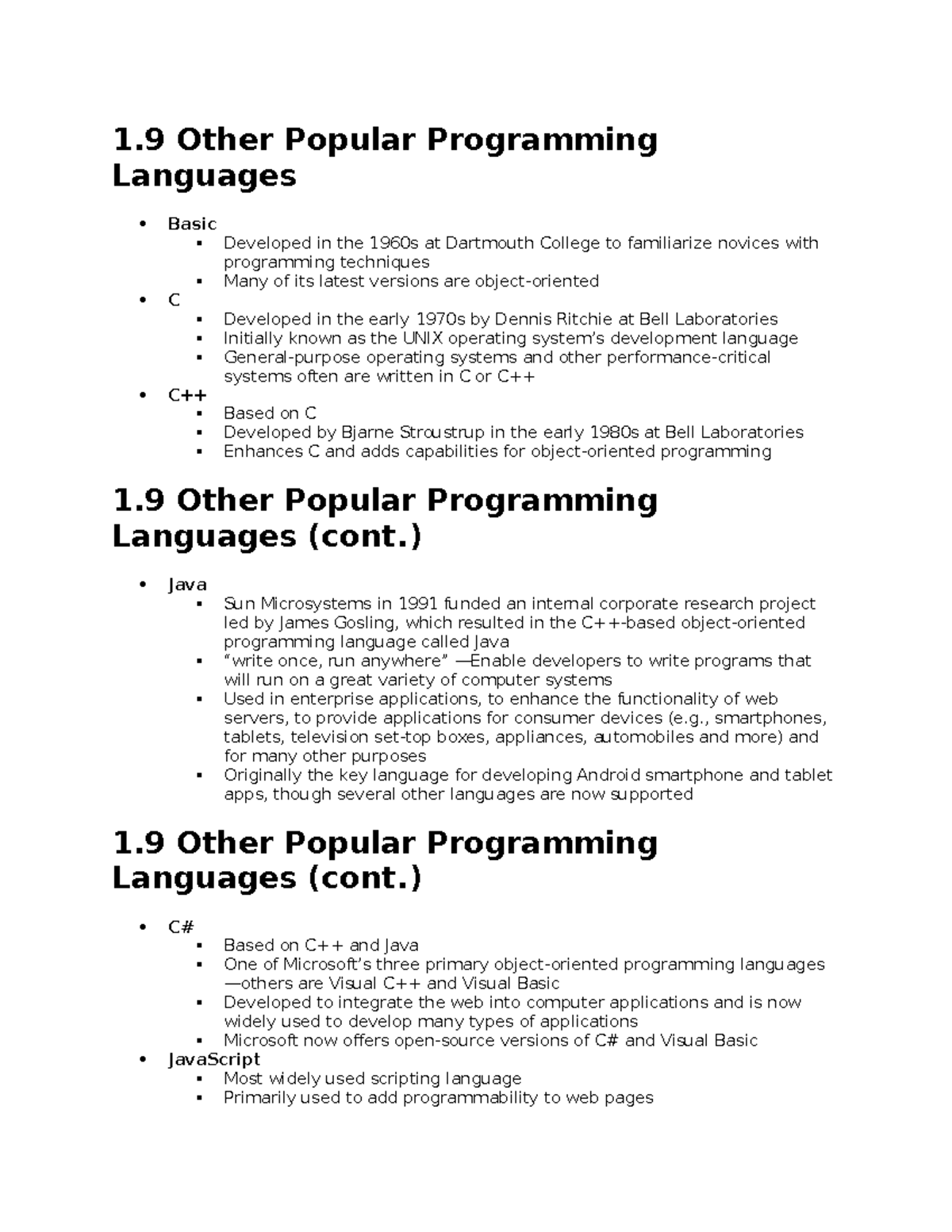 COSC Notes 2023 - 1 Other Popular Programming Languages Basic Developed ...