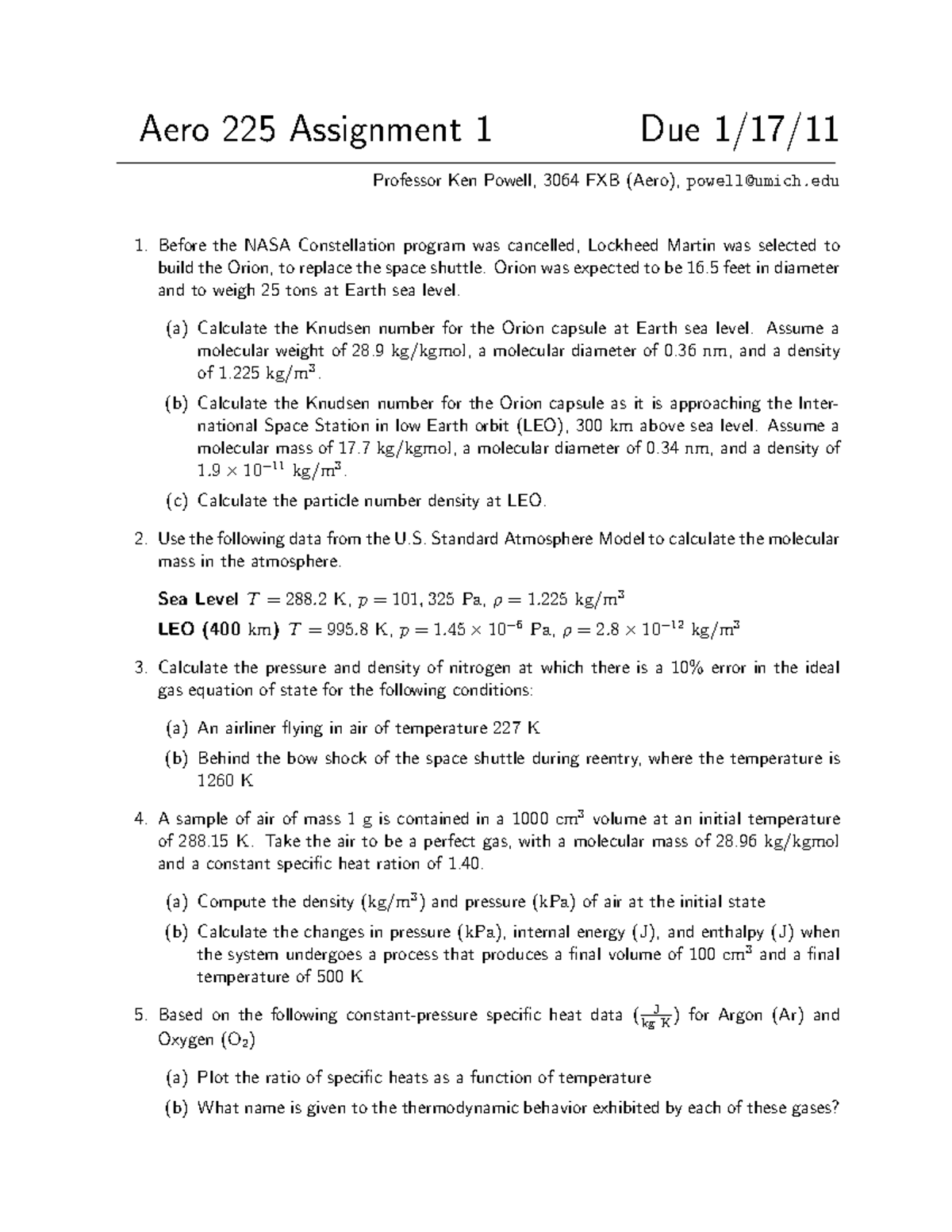 Homework 1 Gas Dynamics Introductory Tutorial Aero 225 Assignment 1 Due 1 17 Professor Ken
