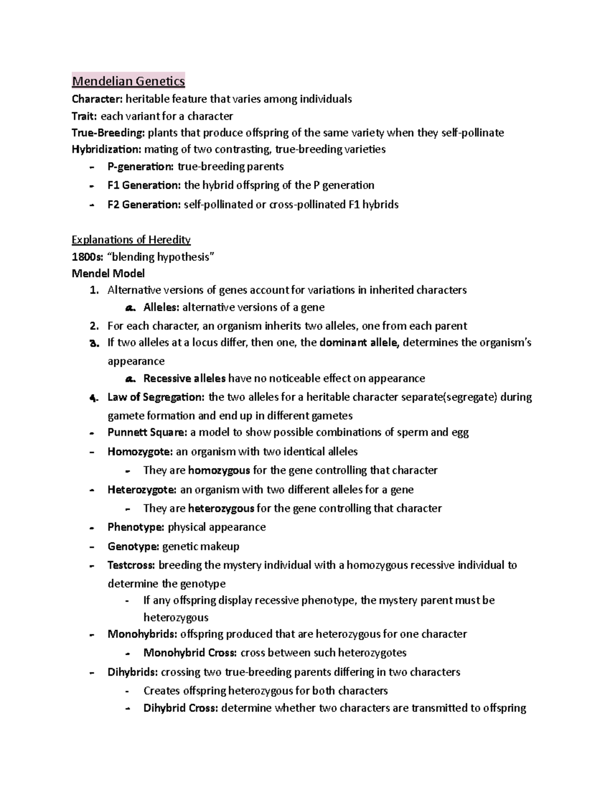 BIOL 140 Chapter 14 Notes - Part 1 - Mendelian Genetics Character ...