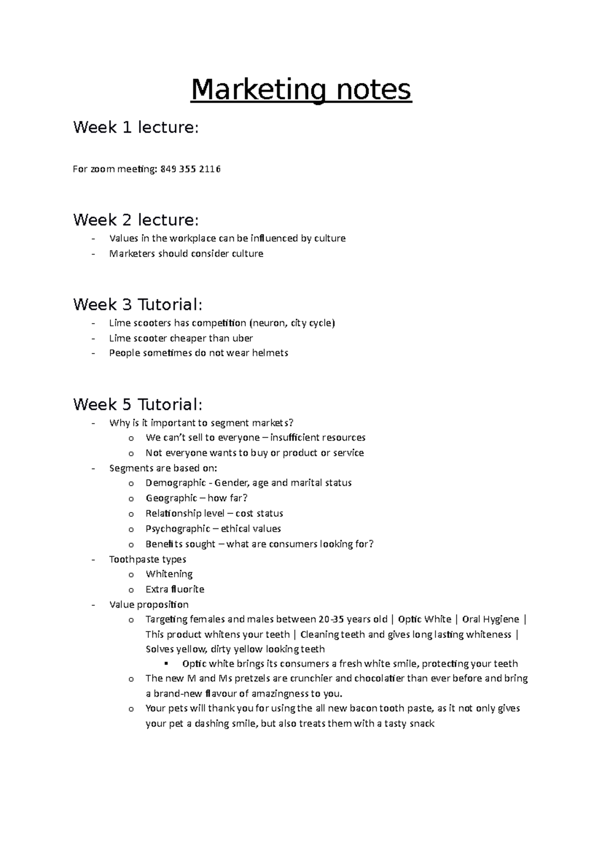 Marketing notes - Marketing notes Week 1 lecture: For zoom meeing: 849 ...
