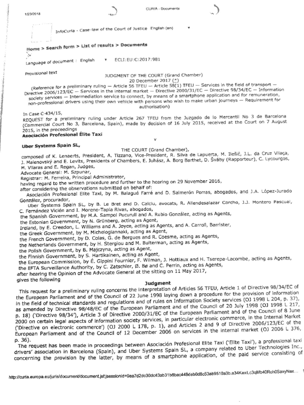 Asosacion Profesional Elite TAX v UBER Systems Spain SL - Obligations ...