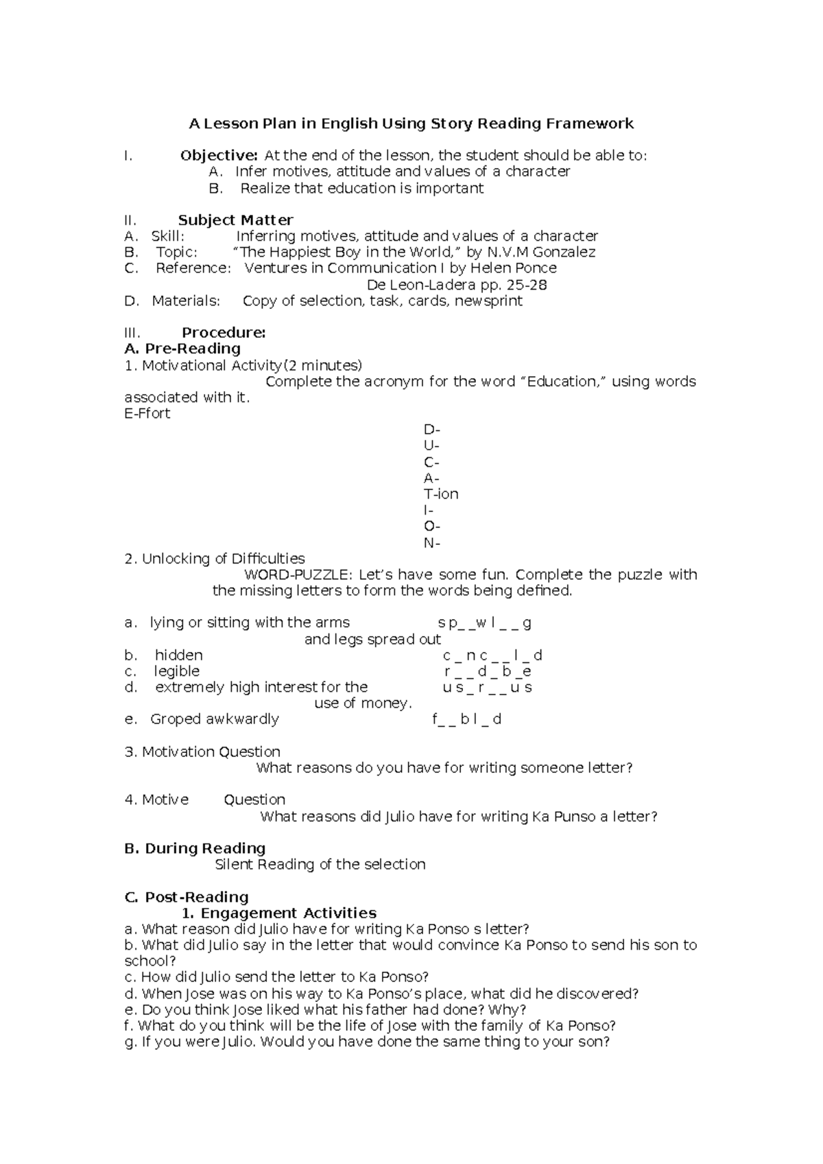 A Lesson Plan in English Using Story Reading Frame - Objective: At the ...