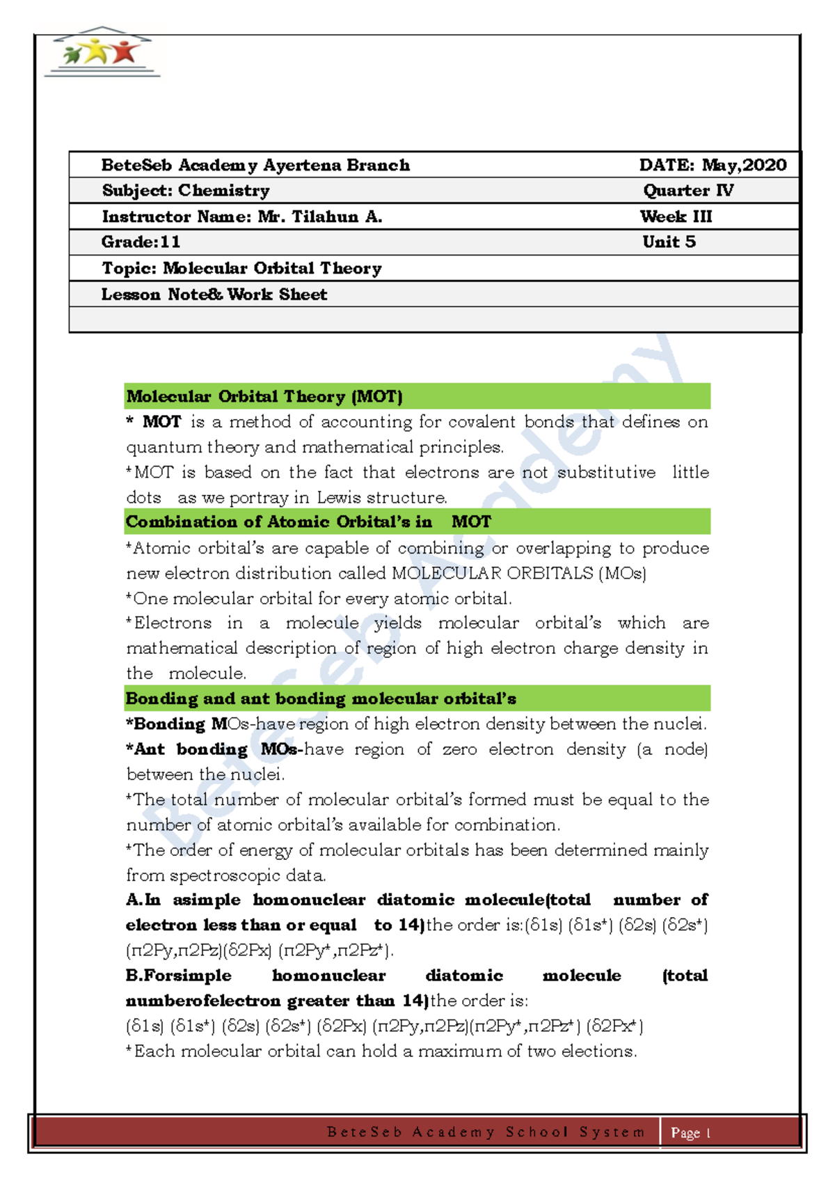 Chemical Bonding Lecture Notes And Some Questions B E T E S E B A C A