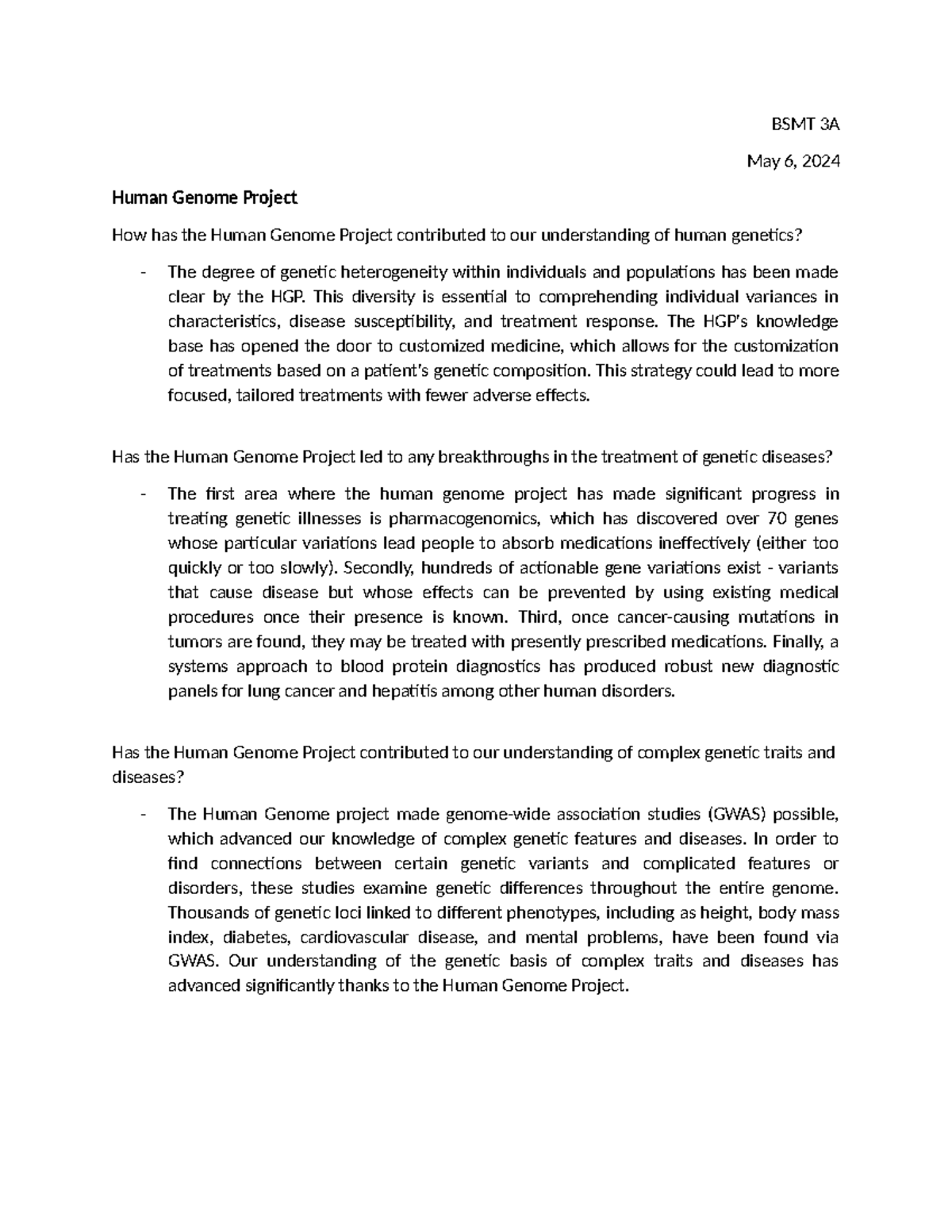 Molecular Biology Activity Human Genome - BSMT 3A May 6, 2024 Human ...