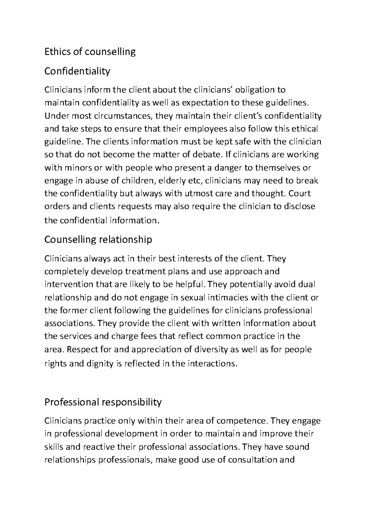 Ethics of counselling - imp - Ethics of counselling Confidentiality ...