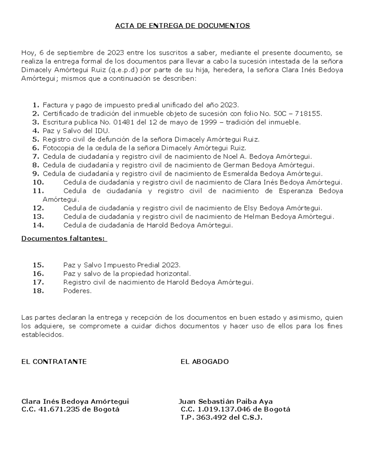 ACTA DE Entrega DE Documentos - ACTA DE ENTREGA DE DOCUMENTOS Hoy, 6 de ...