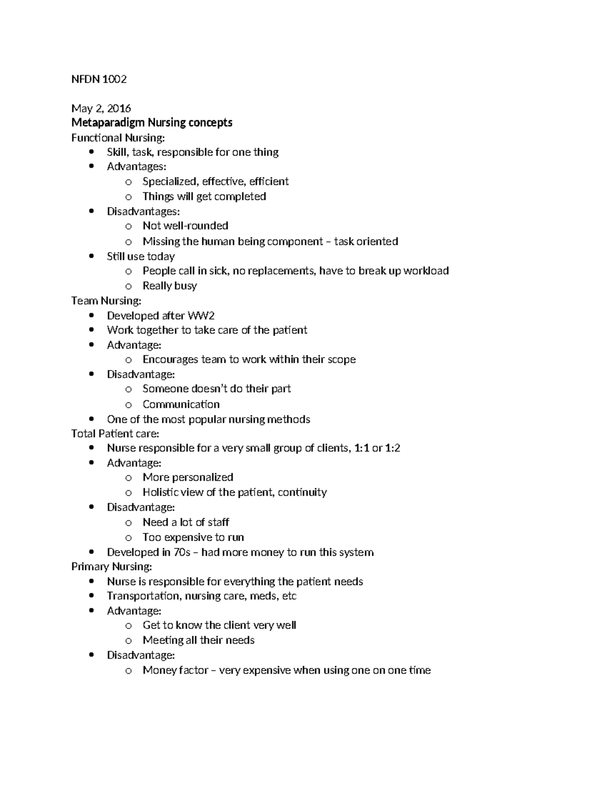NFDN 1002 Theory - NFDN 1002 May 2, 2016 Metaparadigm Nursing concepts ...