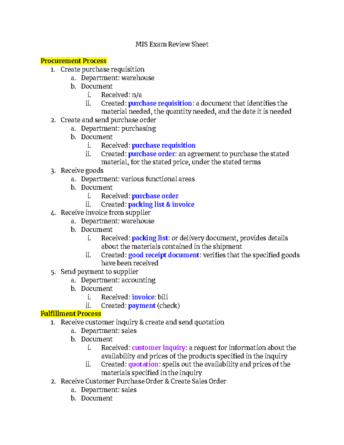 MIS Exam Review - Create purchase requisition a. Department: warehouse ...