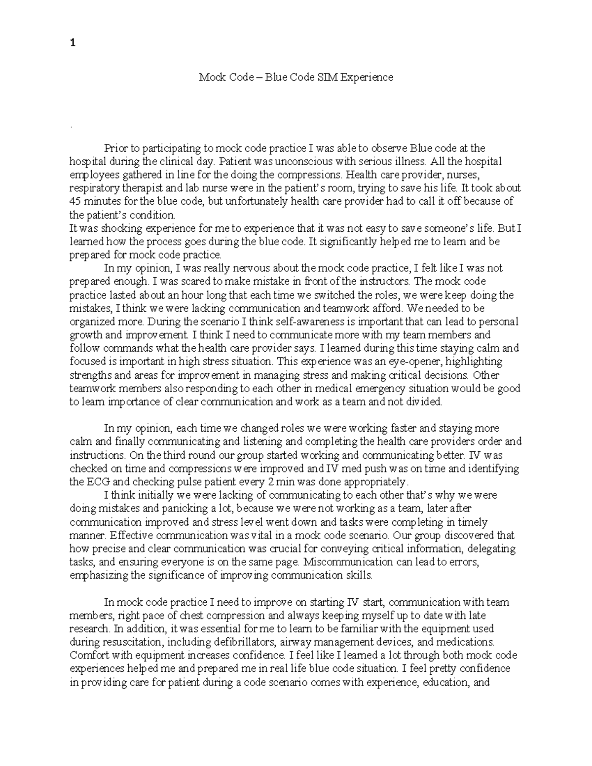 Mock Code draft - 1 Mock Code – Blue Code SIM Experience . Prior to ...