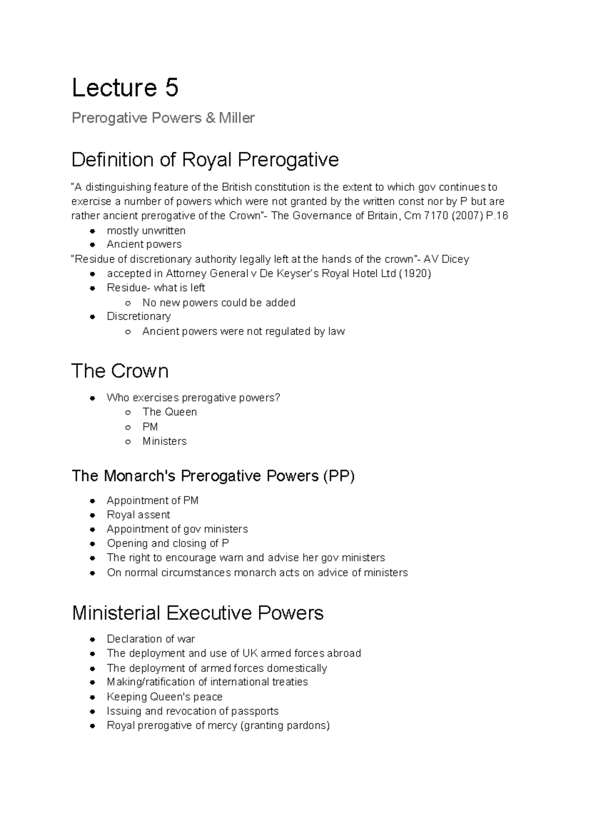 C&AL Lecture 5 - Prerogative powers - Lecture 5 Prerogative Powers ...