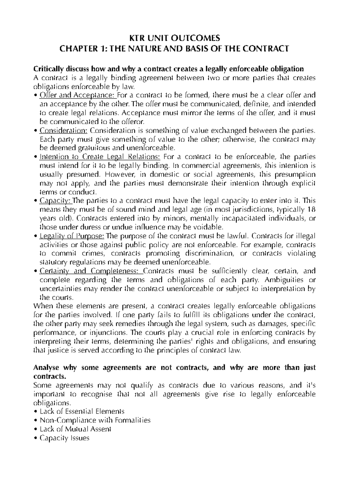 KTR T1 Outcomes - KTR UNIT OUTCOMES CHAPTER 1: THE NATURE AND BASIS OF THE CONTRACT Critically ...
